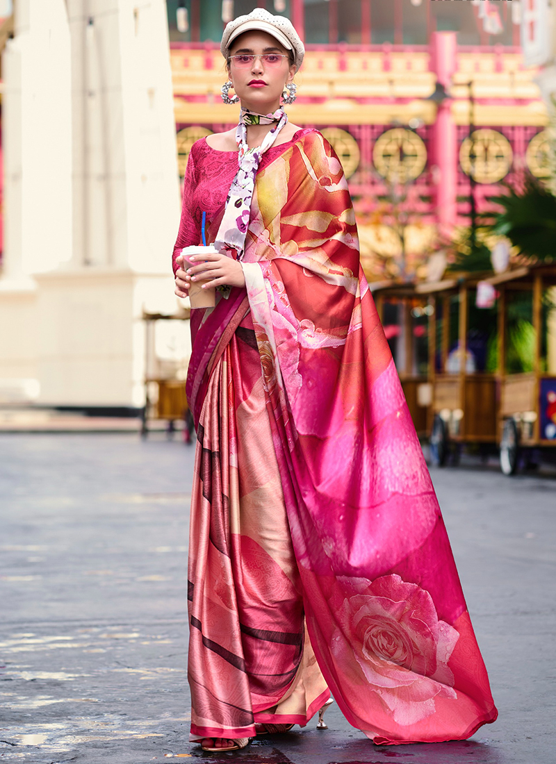 Buy Multi Color Digital Print Work Designer Wear Satin Crape Saree Online